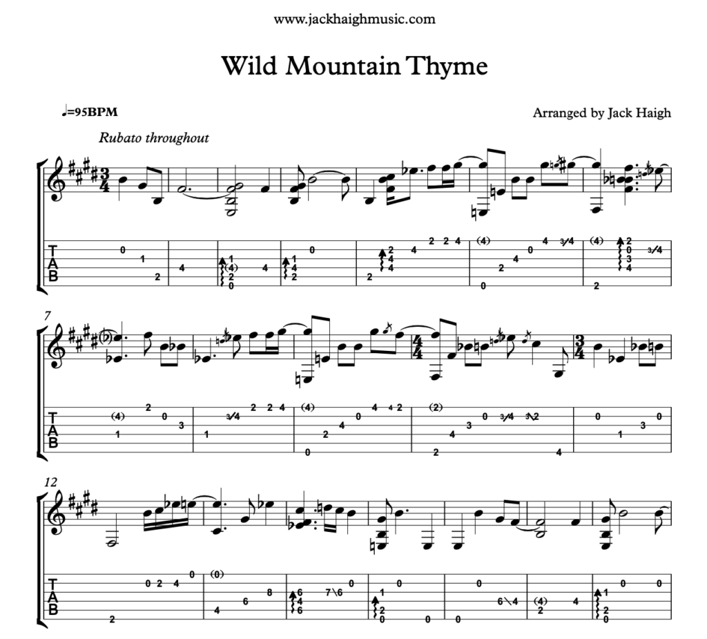 Wild Mountain Thyme – Fingerstyle Guitar arr. by Jack Haigh FULL SCORE ...